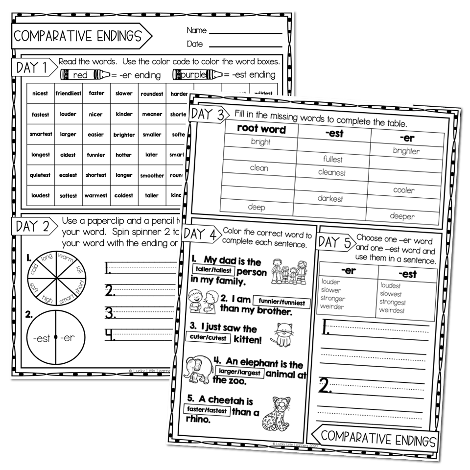2nd Grade Grammar Worksheets - Comparative Endings - Lucky Little Learners