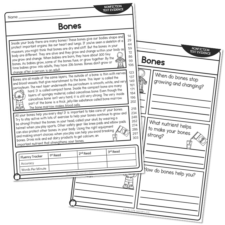 2nd Grade Nonfiction Text Evidence and 5 W's Reading Passage - Bones ...
