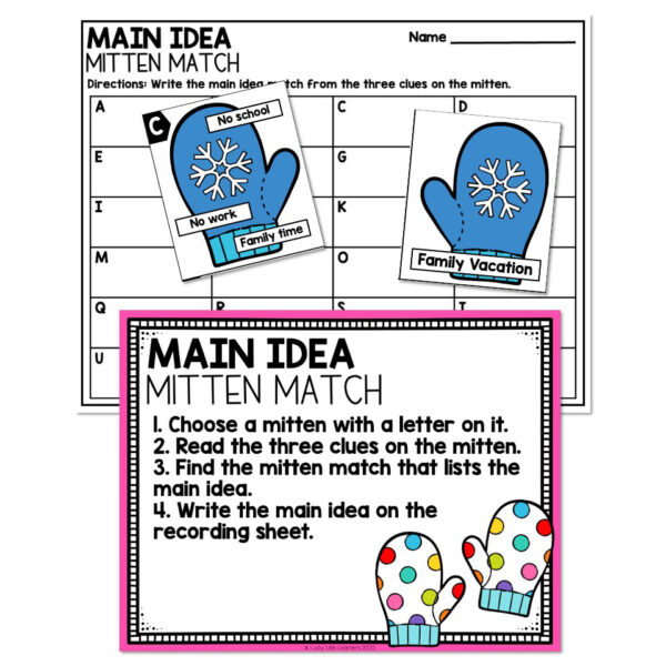 Classroom Transformation - Snow Globe - Main Idea Mitten Match Center ...
