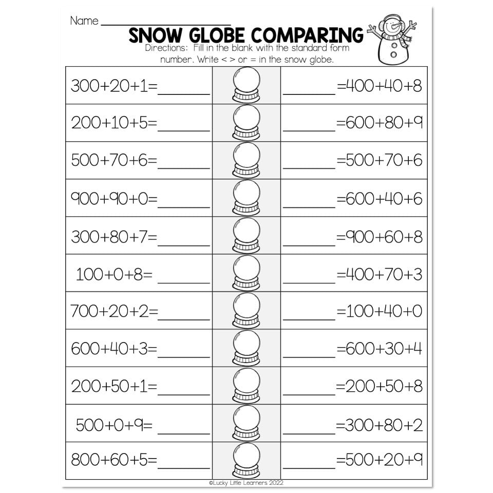 Classroom Transformation - Snow Globe - Number Comparing Worksheet ...