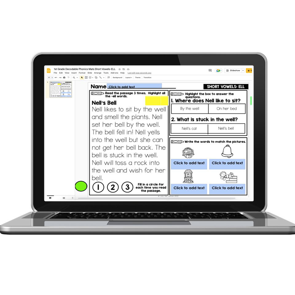 Digital 1st Grade Decodable Phonics Passages - Short Vowels - ELL ...
