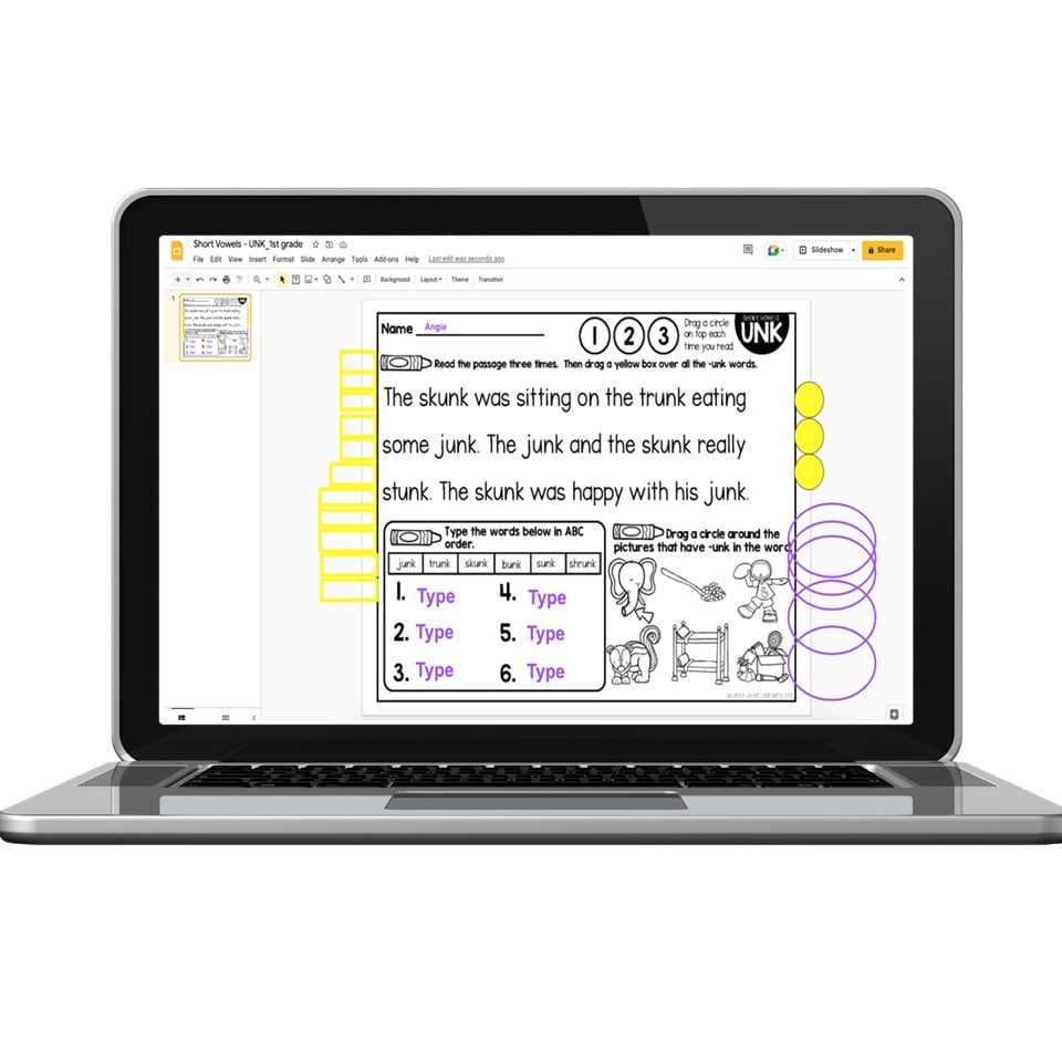 Digital 1st Grade Phonics Mats - Short Vowels - UNK - Lucky Little Learners