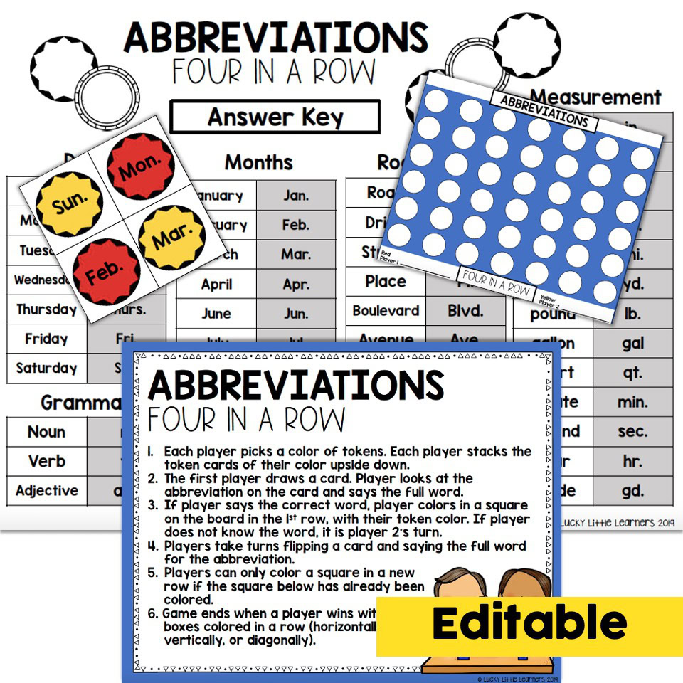 Editable - 2nd Grade Grammar Center - Abbreviations - Lucky Little Learners