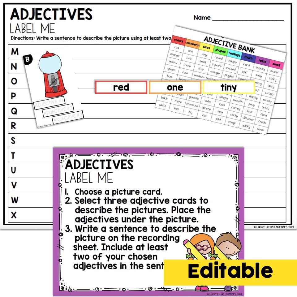Editable - 2nd Grade Grammar Center - Adjectives - Lucky Little Learners