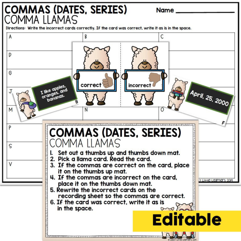 Editable - 2nd Grade Grammar Center - Commas - Lucky Little Learners