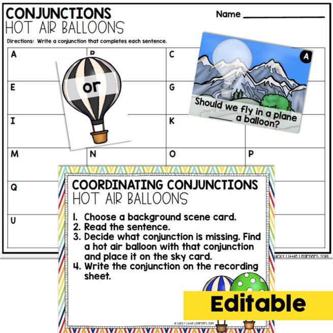 Editable - 2nd Grade Grammar Center - Conjunctions - Lucky Little Learners