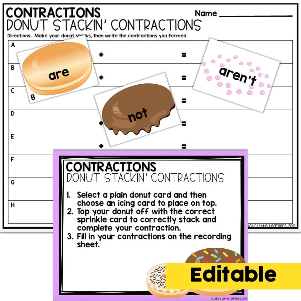 Editable - 2nd Grade Grammar Center - Contractions - Lucky Little Learners