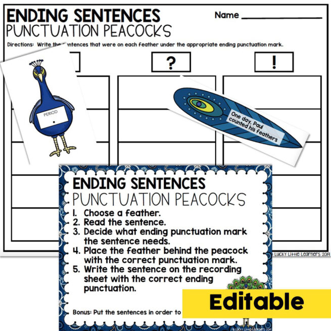 Editable - 2nd Grade Grammar Center - Ending Punctuation - Lucky Little ...