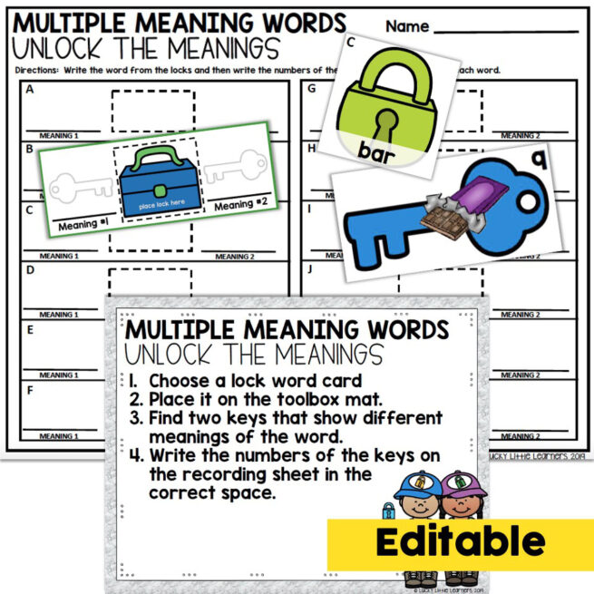 Editable - 2nd Grade Grammar Center - Multiple Meaning Words - Lucky ...