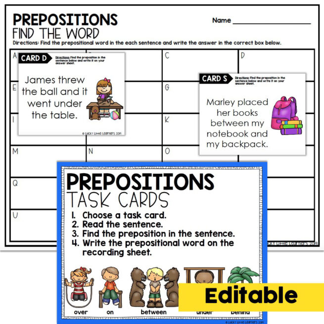 Editable - 2nd Grade Grammar Center - Prepositions - Lucky Little Learners
