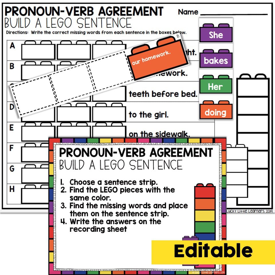 Editable - 2nd Grade Grammar Center - Pronoun-Verb Agreement - Lucky ...