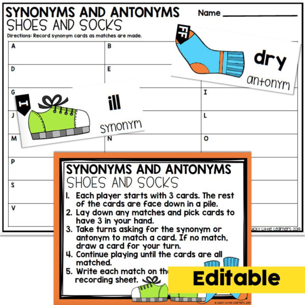 Editable - 2nd Grade Grammar Center - Synonyms and Antonyms - Lucky ...