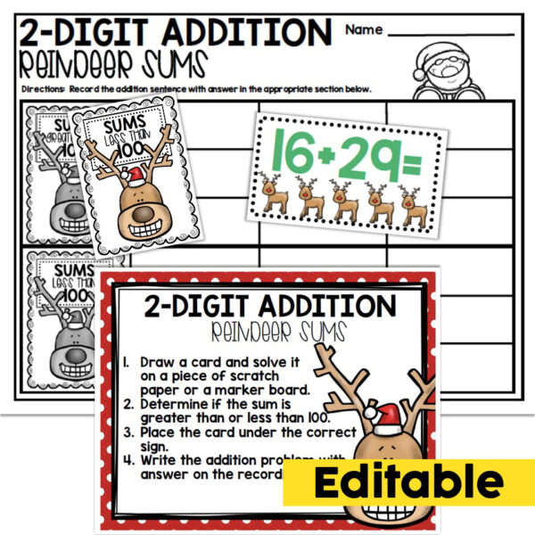 Editable 2nd Grade Math Center - December - 2-Digit Addition - Reindeer ...