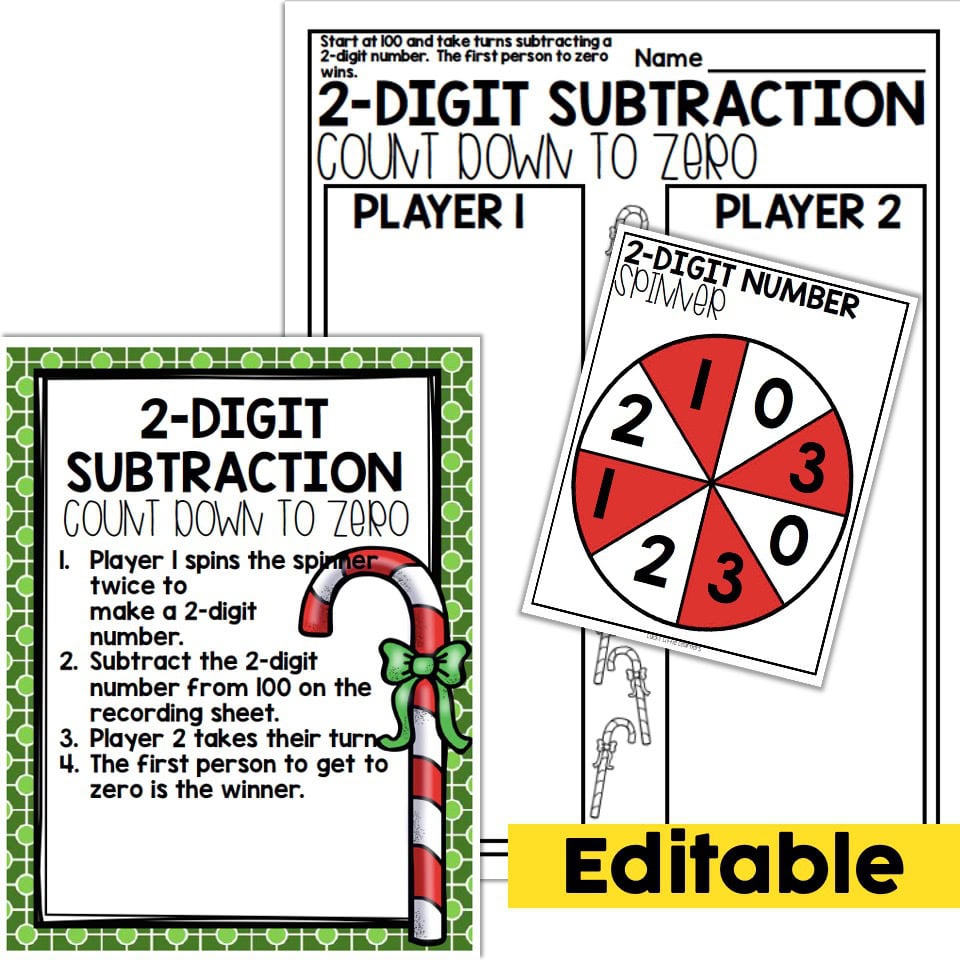 Editable 2nd Grade Math Center - December - 2-Digit Subtraction - Count ...