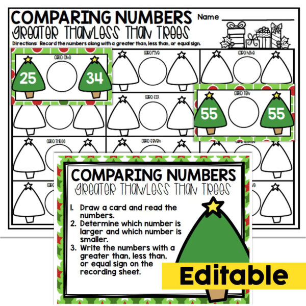 Editable 2nd Grade Math Center - December - Comparing Numbers - Greater ...