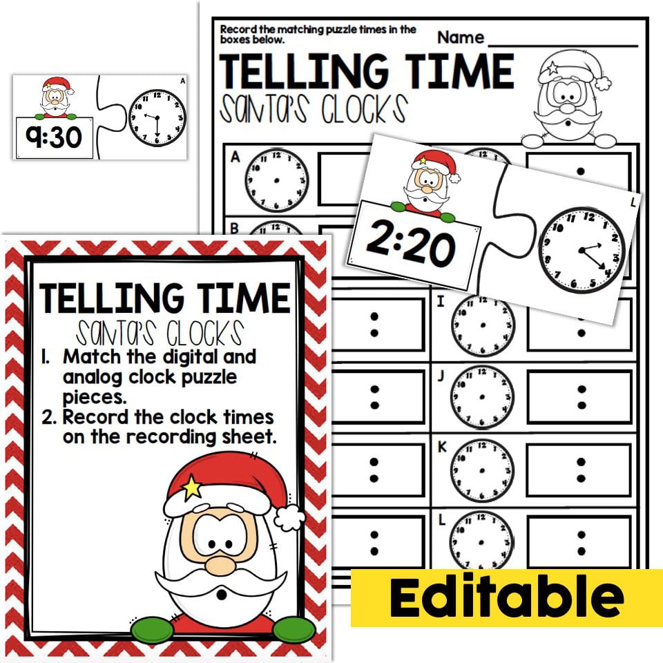Editable 2nd Grade Math Center - December - Telling Time - Santa's ...