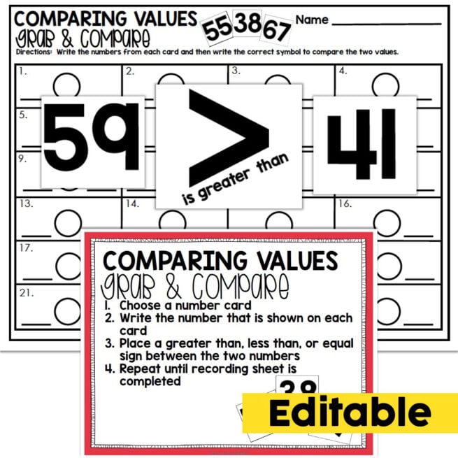 Editable 2nd Grade Math Center - September - Comparing Values - Grab ...