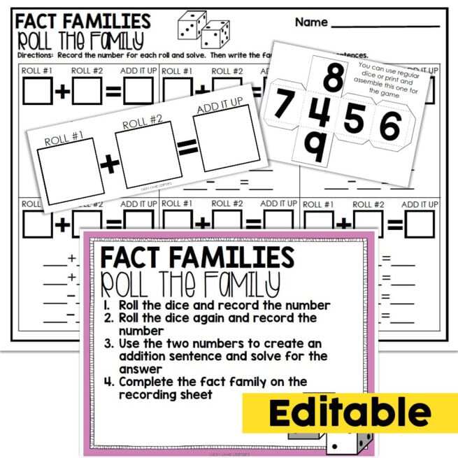 Editable 2nd Grade Math Center - September - Fact Families - Roll the ...