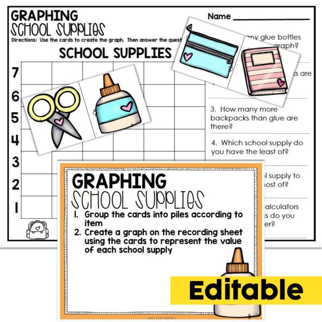 Editable 2nd Grade Math Center - September - Graphing - School Supplies ...