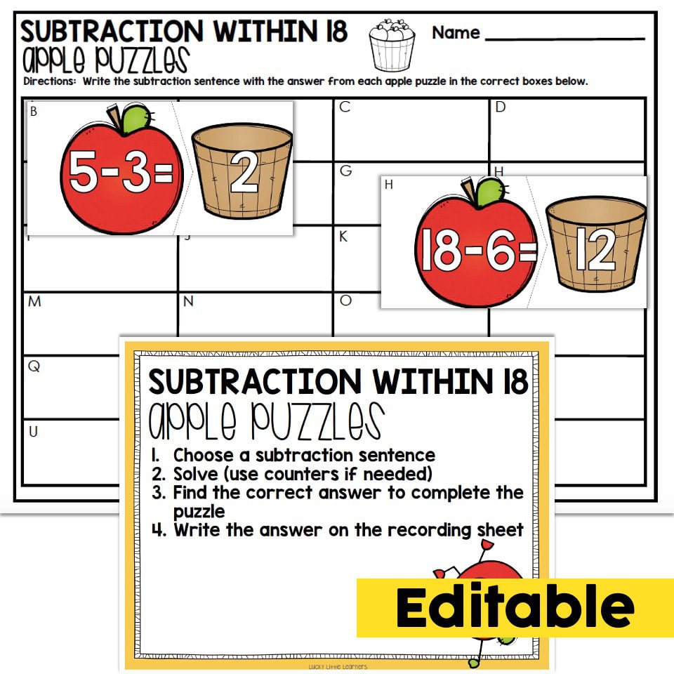Editable 2nd Grade Math Center - September - Subtraction Within 18 ...