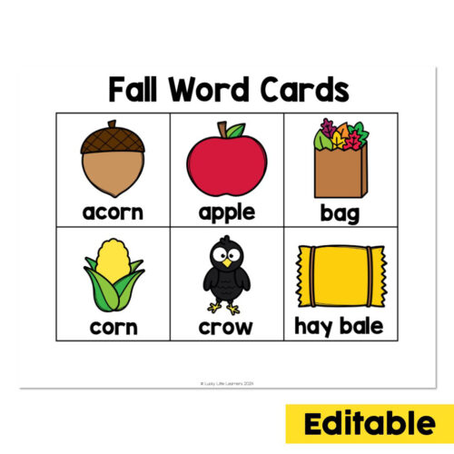 Editable Seasonal Vocabulary - Fall Word Cards - Lucky Little Learners
