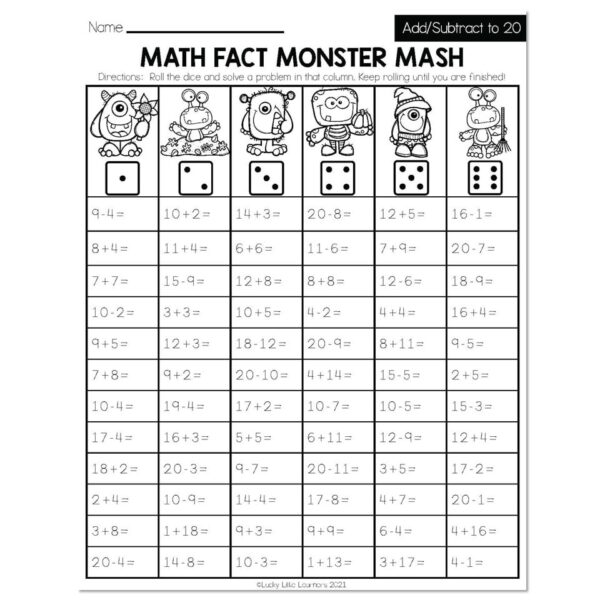 Fall - Early Finishers 2nd Grade - Math - Add & Subtract to 20 - Math ...