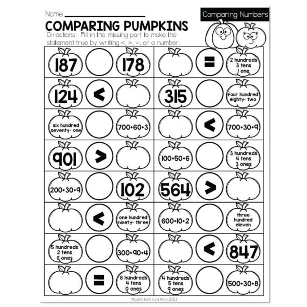 Fall - Early Finishers 2nd Grade - Math - Comparing Numbers - Comparing ...