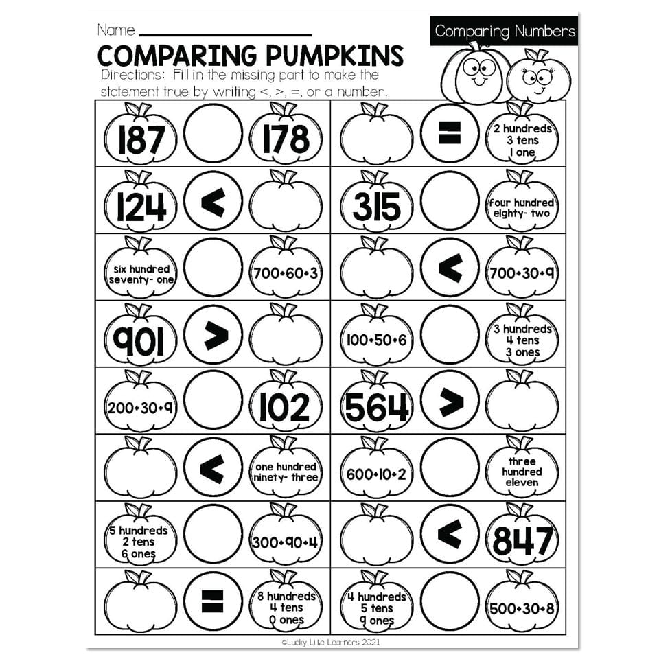 Fall - Early Finishers 2nd Grade - Math - Comparing Numbers - Comparing ...