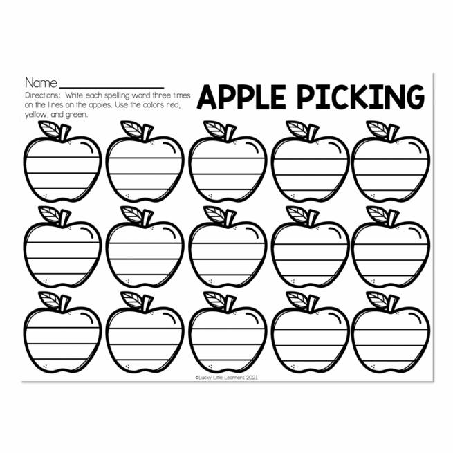 Fall Spelling Word Work Practice - Apple Picking - Lucky Little Learners