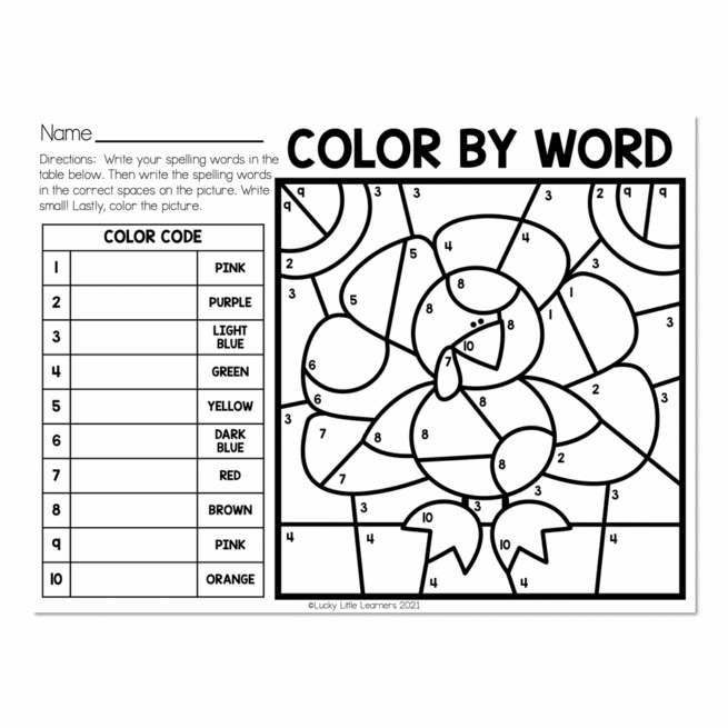 Fall Spelling Word Work Practice - Color By Word Turkey - Lucky Little ...