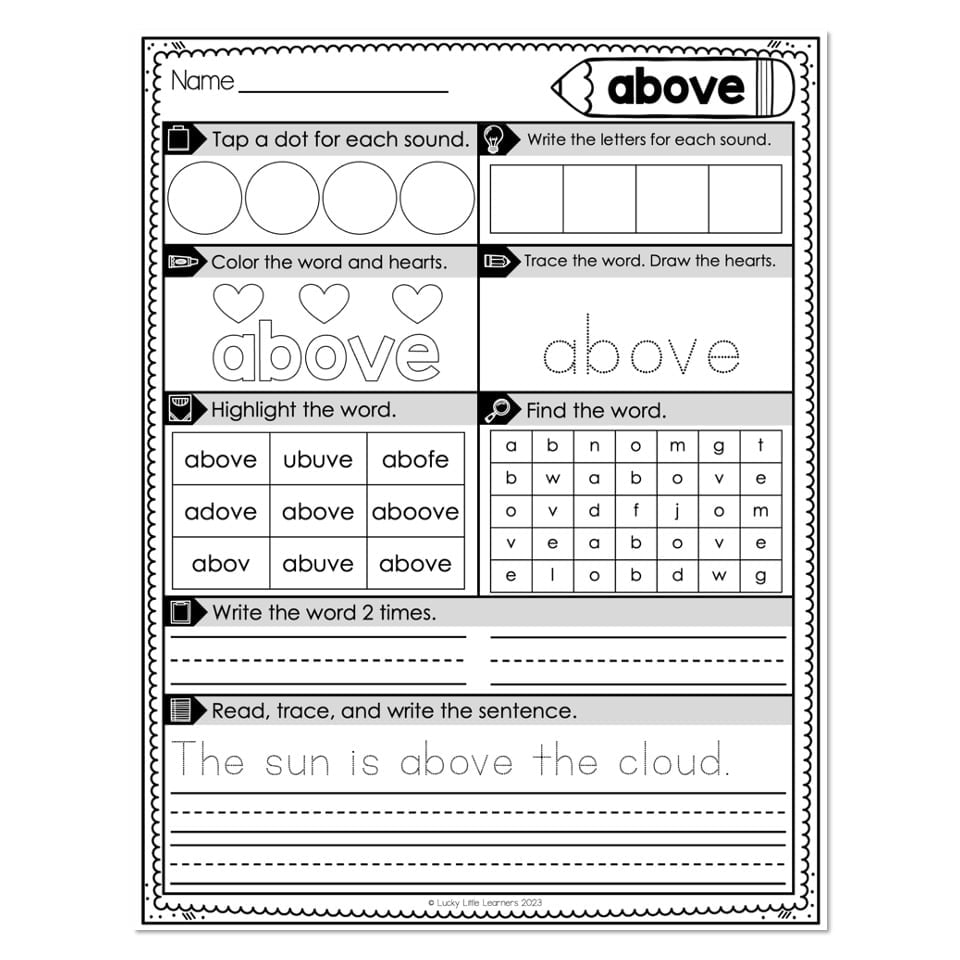 Heart Word Worksheets - Sight Words - Above - Lucky Little Learners
