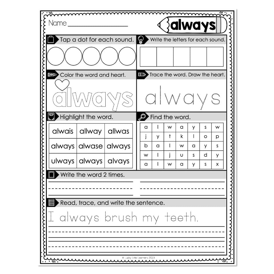 Heart Word Worksheets - Sight Words - Always - Lucky Little Learners