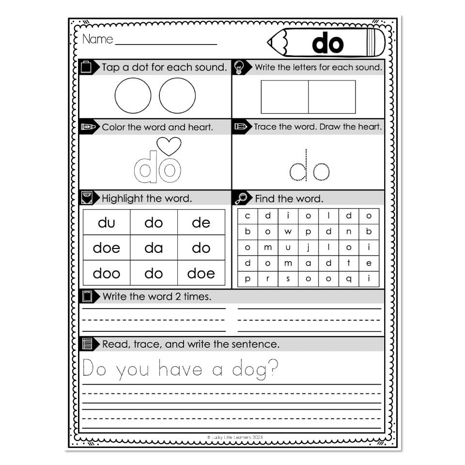 Heart Word Worksheets - Sight Words - Do - Lucky Little Learners