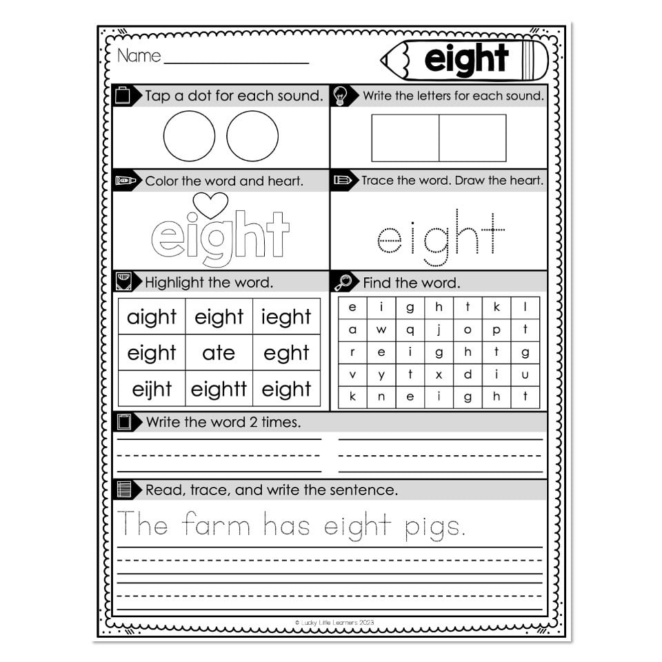 Heart Word Worksheets - Sight Words - Eight - Lucky Little Learners