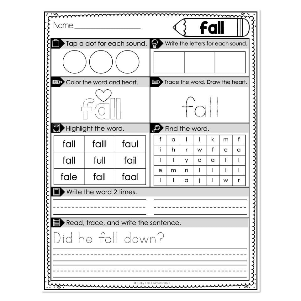 Heart Word Worksheets - Sight Words - Fall - Lucky Little Learners