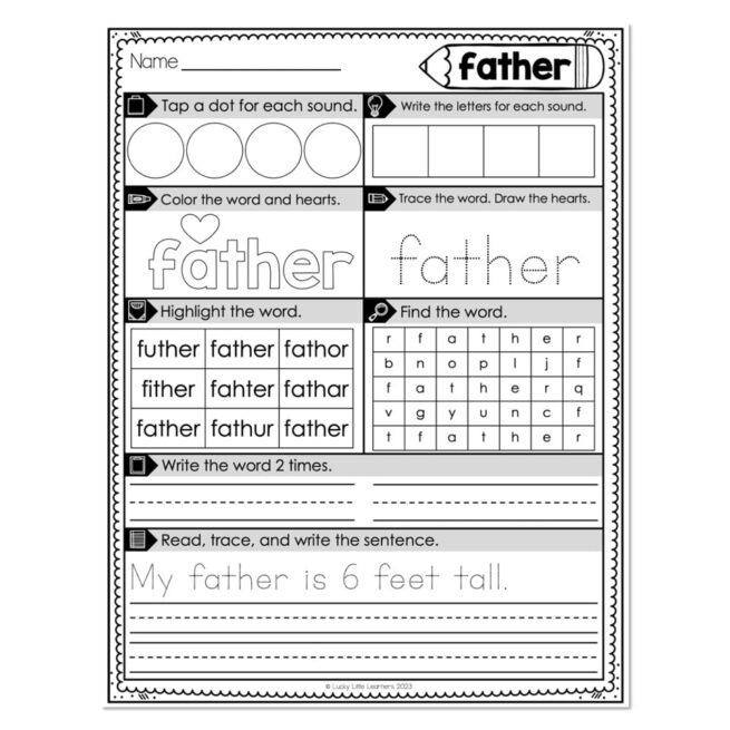 Heart Word Worksheets - Sight Words - Father - Lucky Little Learners