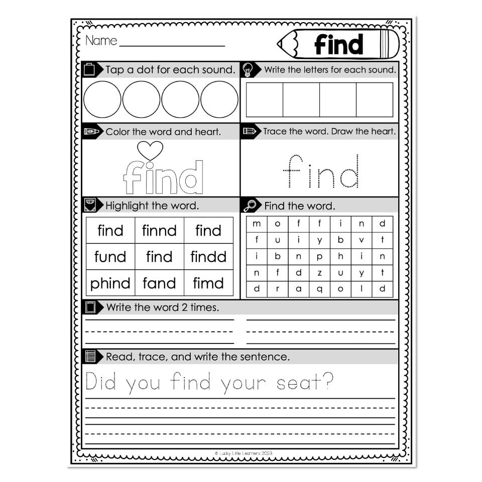 Heart Word Worksheets - Sight Words - Find - Lucky Little Learners