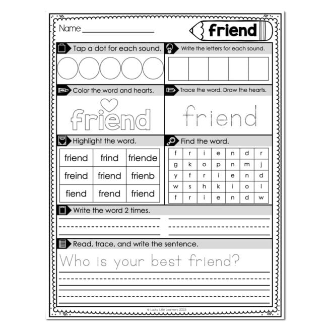 Heart Word Worksheets - Sight Words - Friend - Lucky Little Learners
