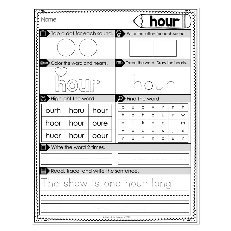 Heart Word Worksheets - Sight Words - Hour - Lucky Little Learners