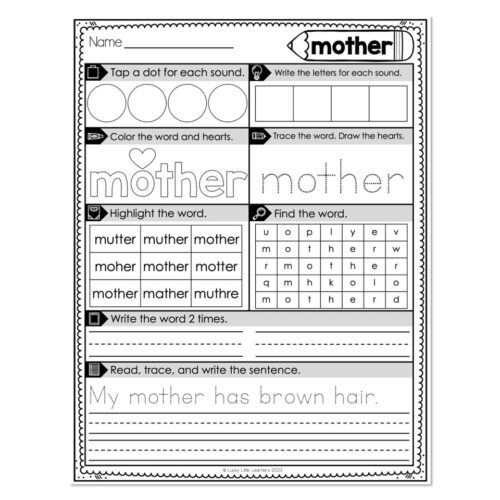 Heart Word Worksheets - Sight Words - Mother - Lucky Little Learners