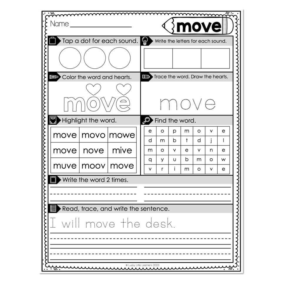 Heart Word Worksheets - Sight Words - Move - Lucky Little Learners