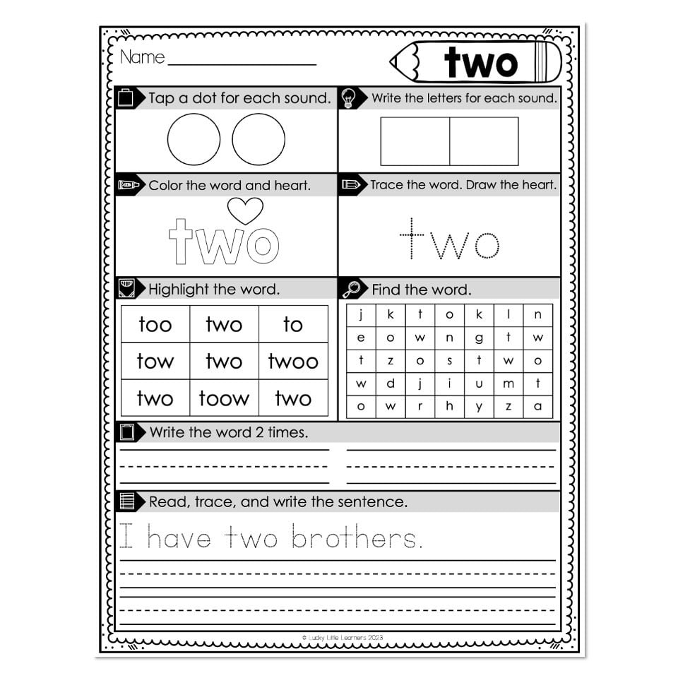 Heart Word Worksheets - Sight Words - Two - Lucky Little Learners