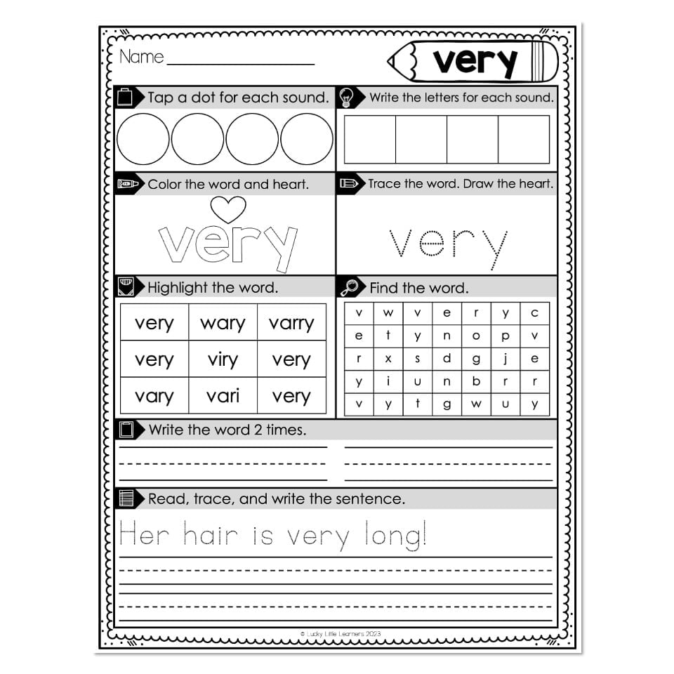 Heart Word Worksheets - Sight Words - Very - Lucky Little Learners