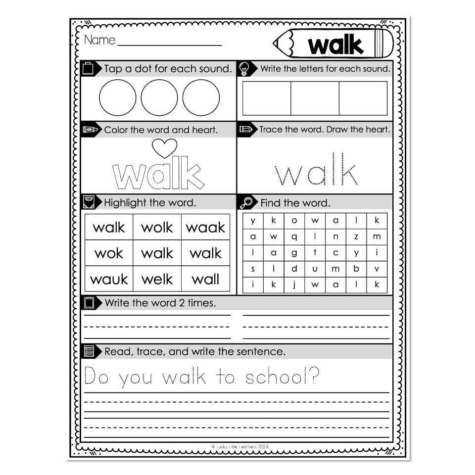 Heart Word Worksheets - Sight Words - Walk - Lucky Little Learners