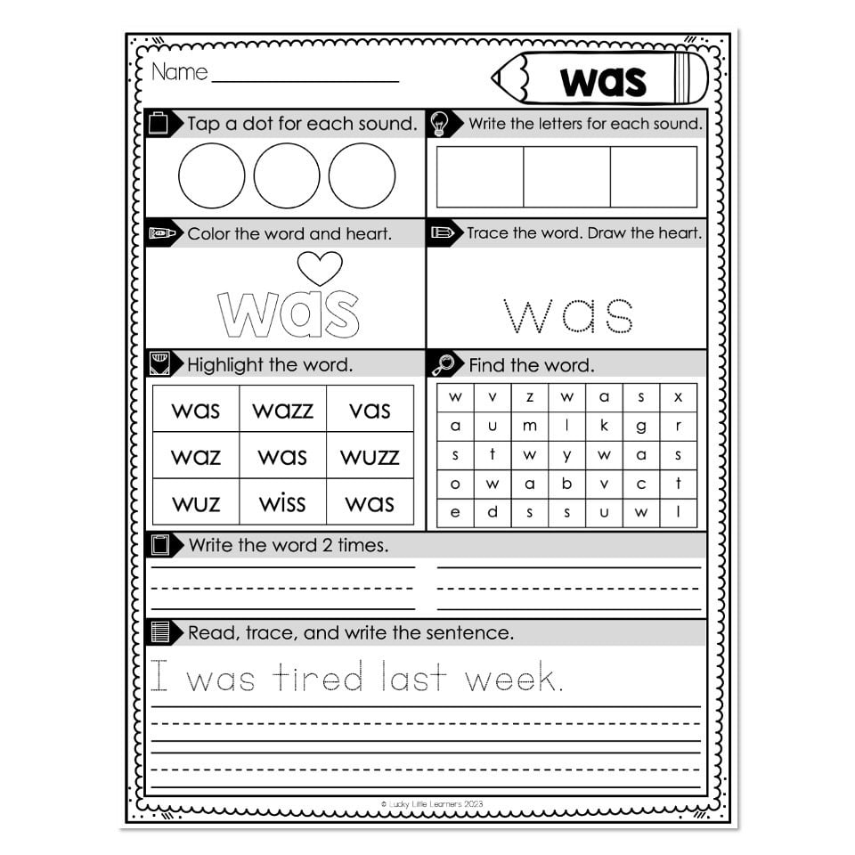 Heart Word Worksheets - Sight Words - Was - Lucky Little Learners