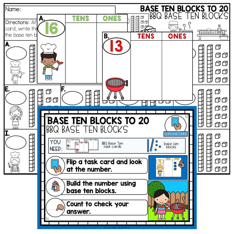 Kindergarten Math Center - June - Base Ten Blocks to 20 - BBQ Base Ten ...