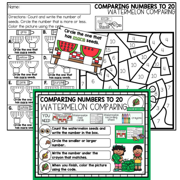 Kindergarten Math Center - June - Comparing Numbers to 20 - Watermelon ...