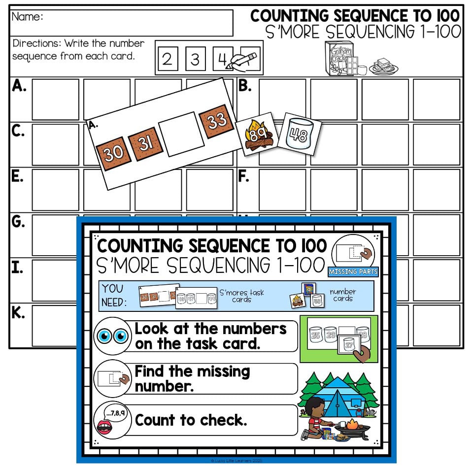 Kindergarten Math Center - June - Counting Sequence to 100 - Smore ...
