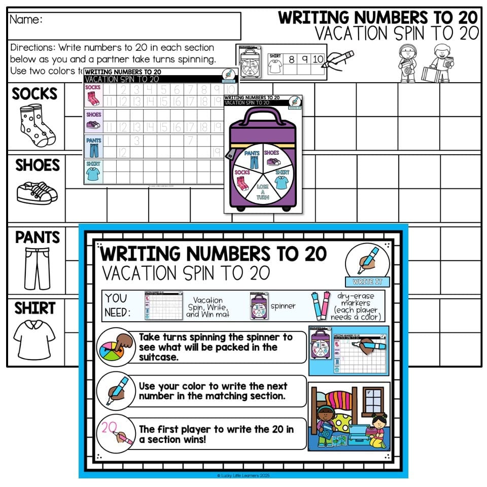Kindergarten Math Center - June - Writing Numbers to 20 - Vacation Spin ...