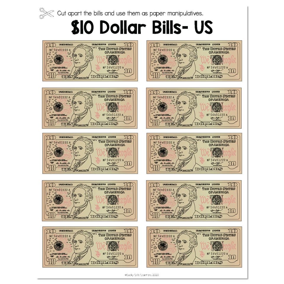 Lucky Little Toolkit - Math Resources - Bills - Ten Dollar Bill - Lucky ...